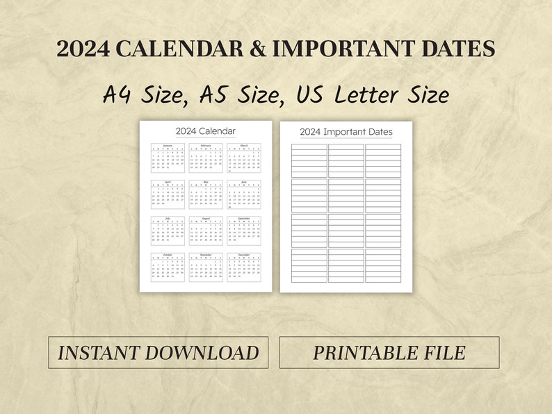 2024 Calendar Printable Calendar and Important Dates Year Calendar ...