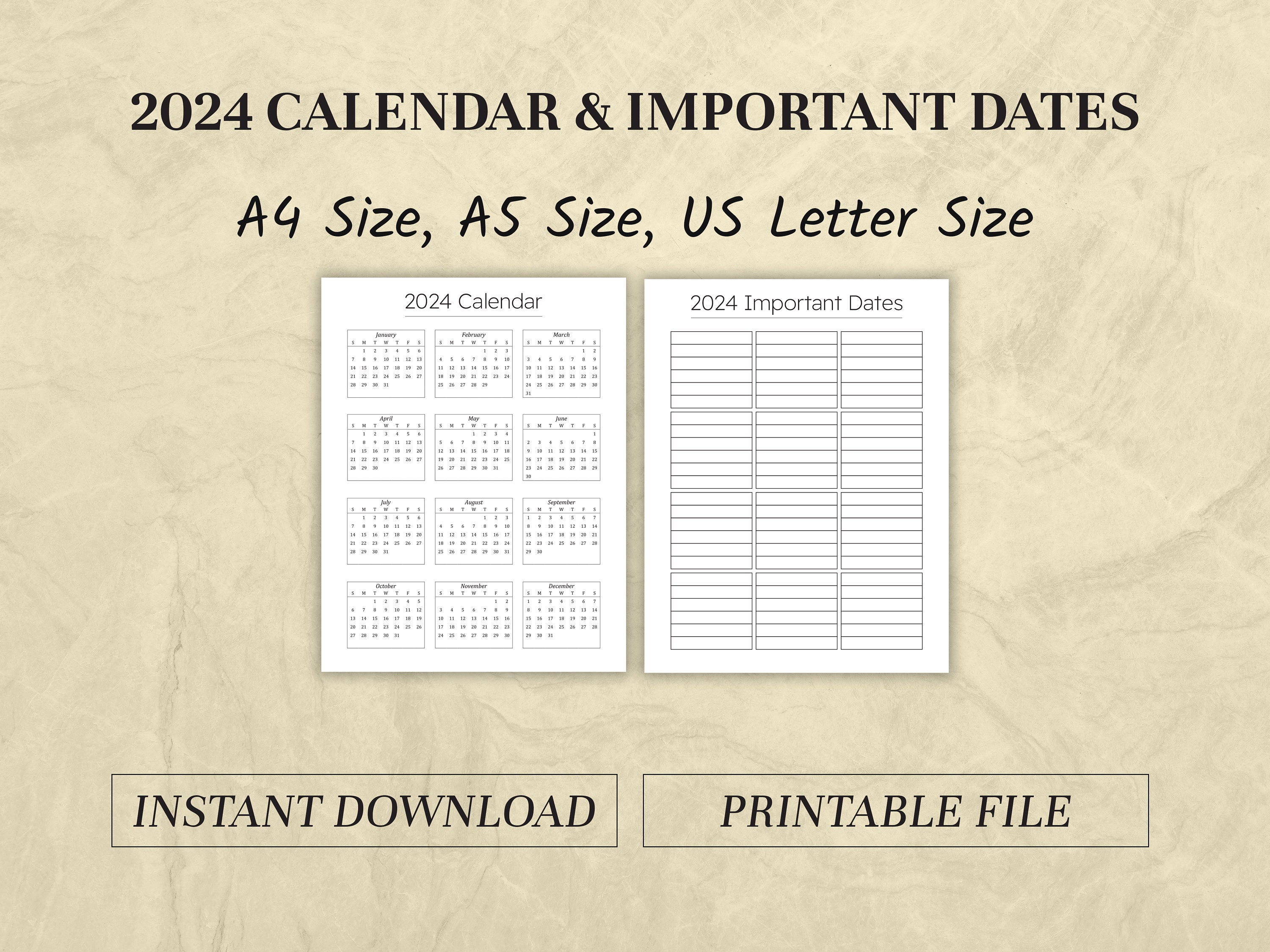 2024 Calendar Printable Calendar and Important Dates Year Calendar ...