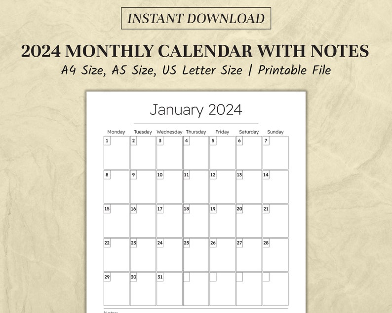2024 Monthly Calendar With Notes Printable Calendar Template Minimalist ...