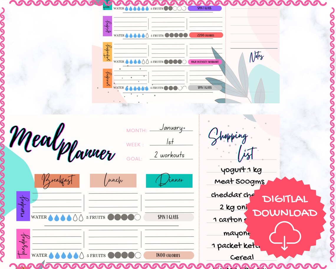 Digital Meal Tracker Meal Planner and Grocery List Printable Planner ...