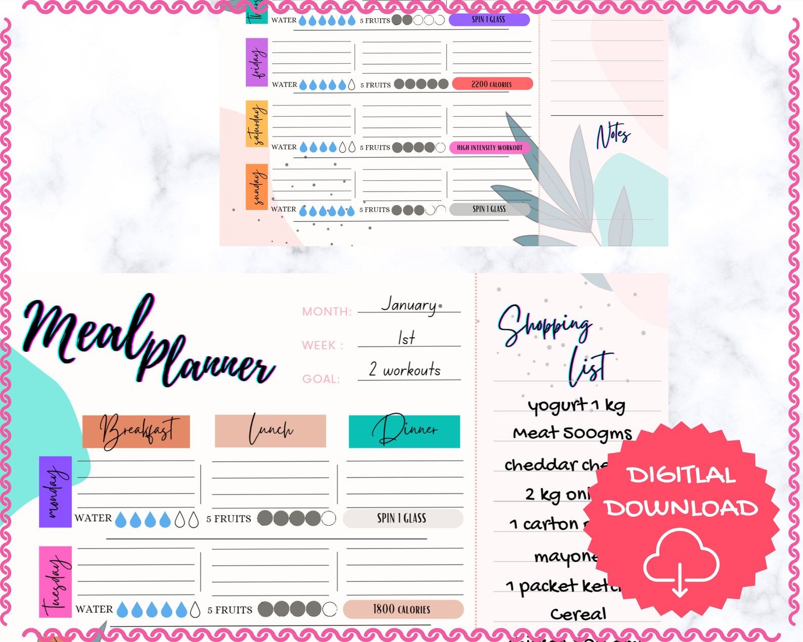 Digital Meal Tracker Meal Planner and Grocery List Printable Planner ...