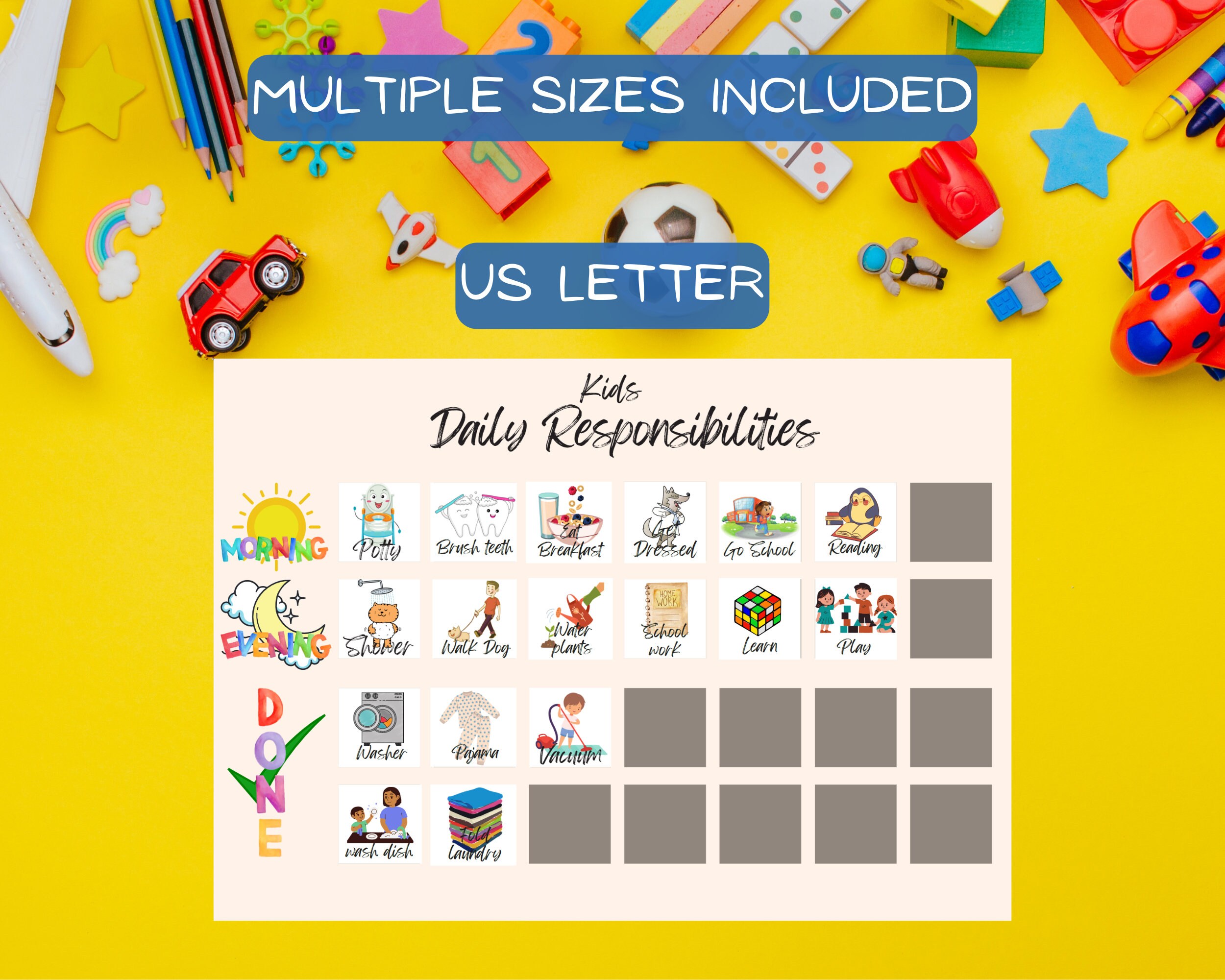 Responsibility Chart for Kids Daily Routine Cards With Morning Chores ...