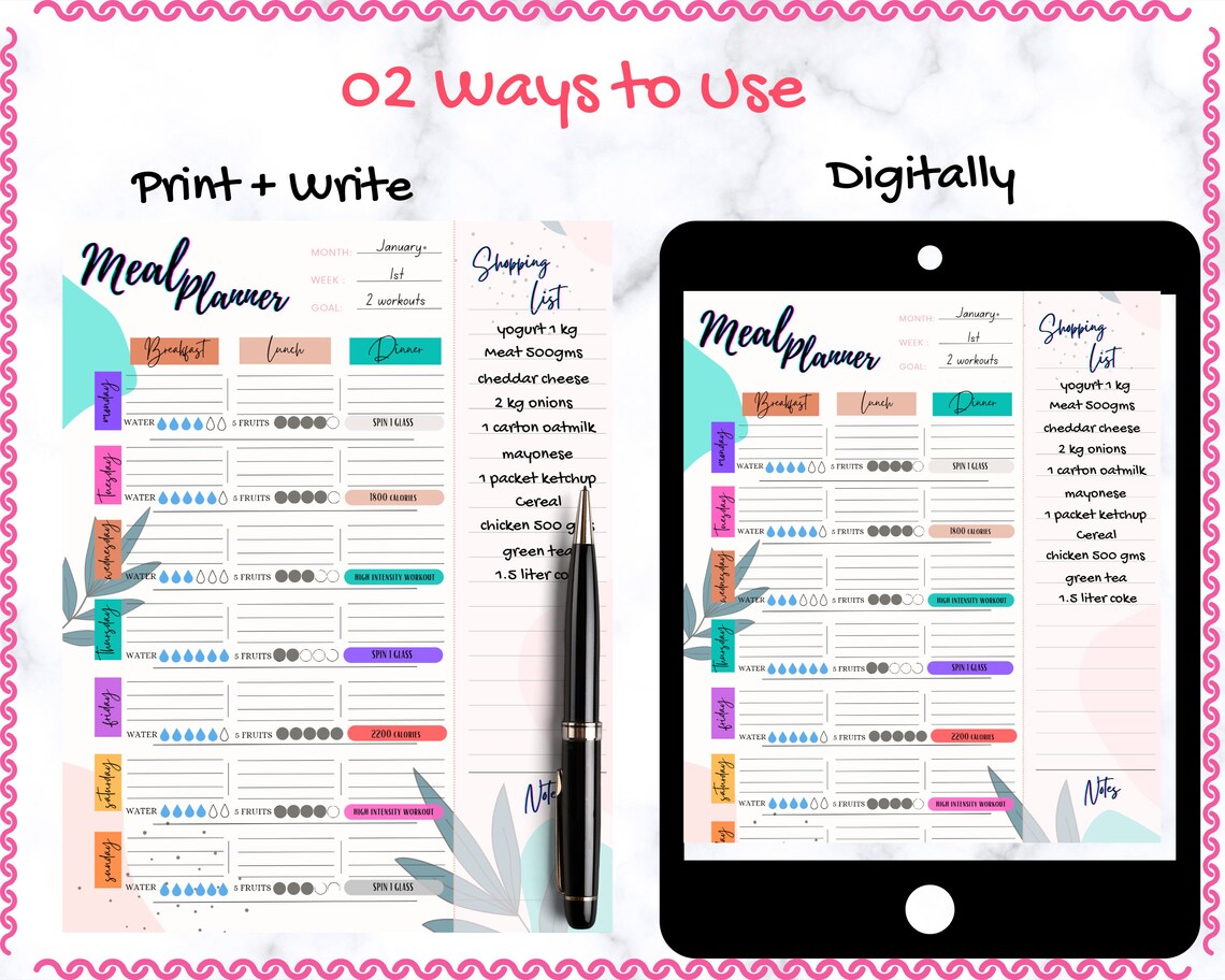 Digital Meal Tracker Meal Planner and Grocery List Printable Planner ...