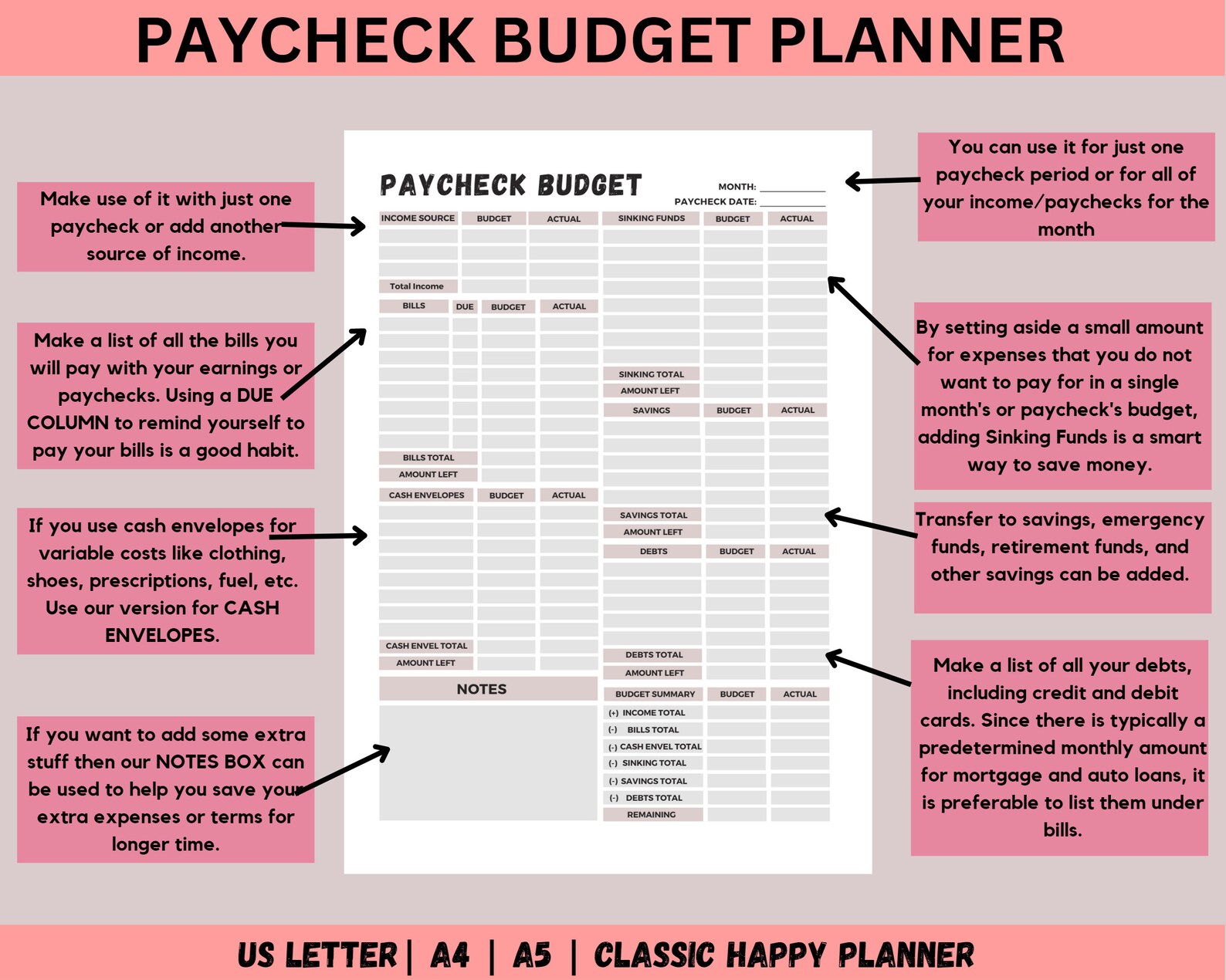 Printable Paycheck Budget Planner | Downloadable Paycheck Template ...