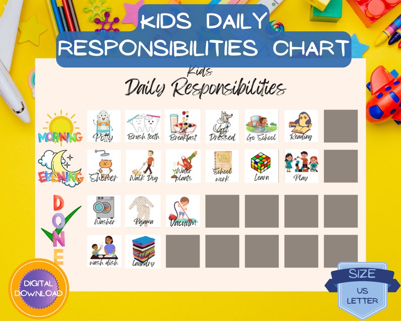 Responsibility Chart for Kids Daily Routine Cards With Morning Chores ...