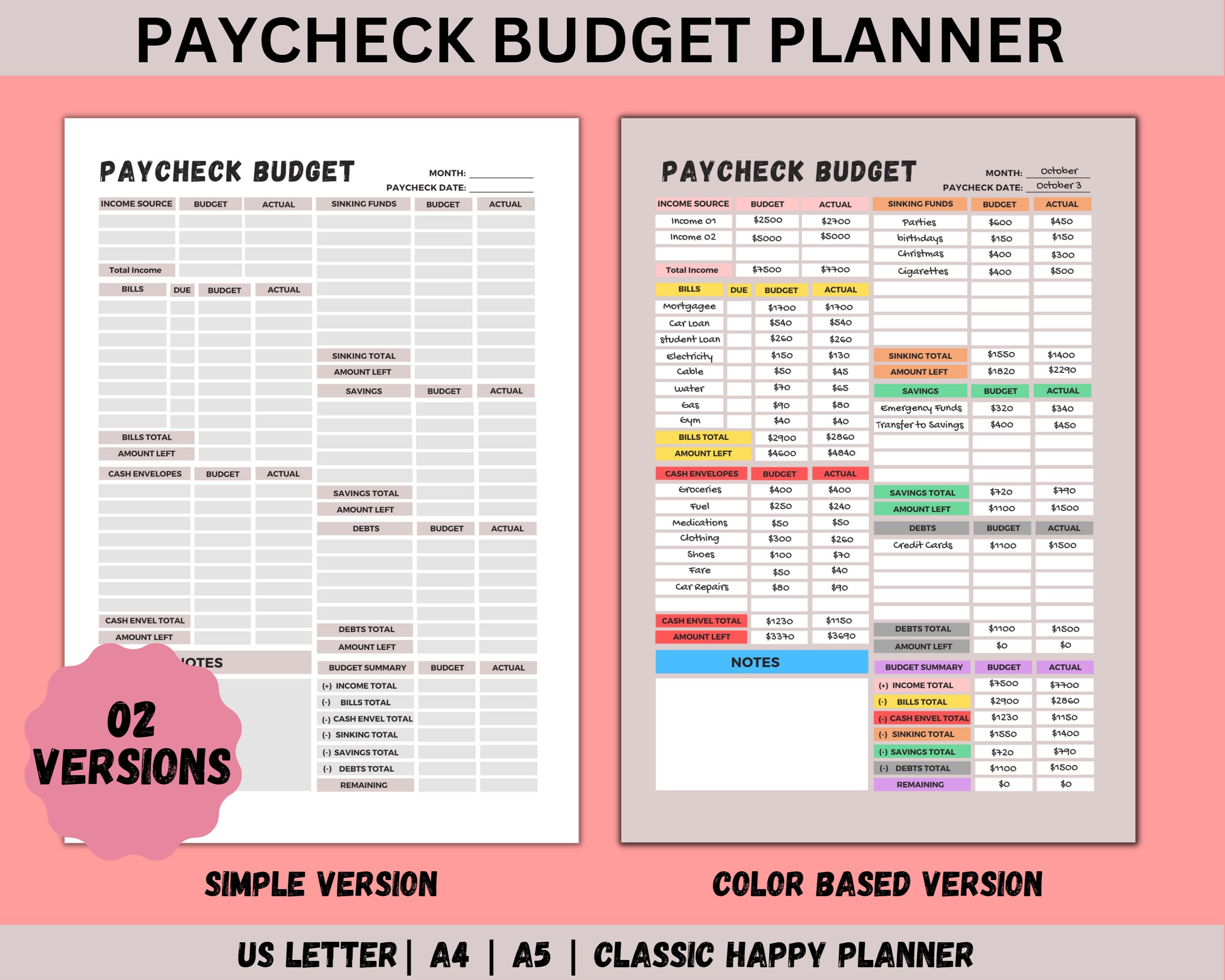 Printable Paycheck Budget Planner | Downloadable Paycheck Template ...