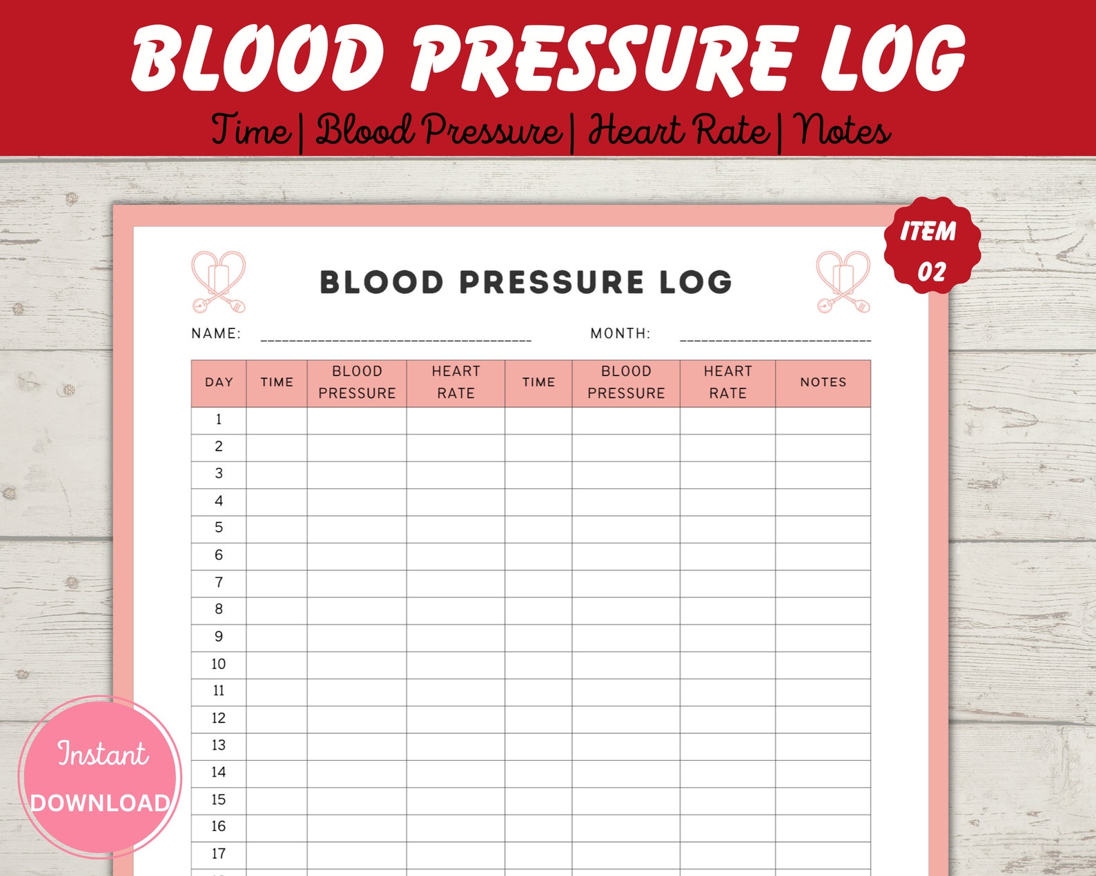 Printable Blood Pressure Log | Blood Pressure Tracker | Daily BP Record ...