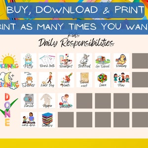 Responsibility Chart for Kids Daily Routine Cards With Morning Chores ...