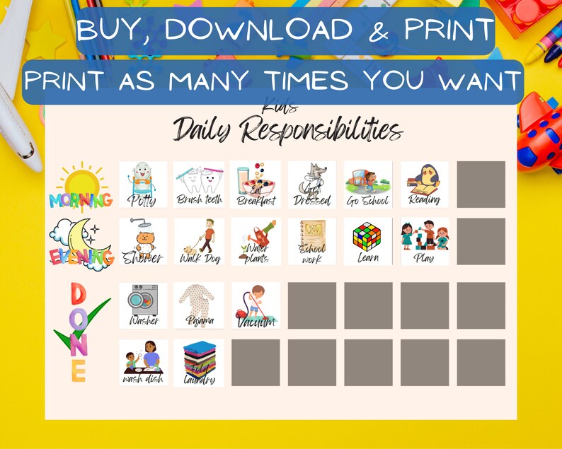 Responsibility Chart for Kids Daily Routine Cards With Morning Chores ...