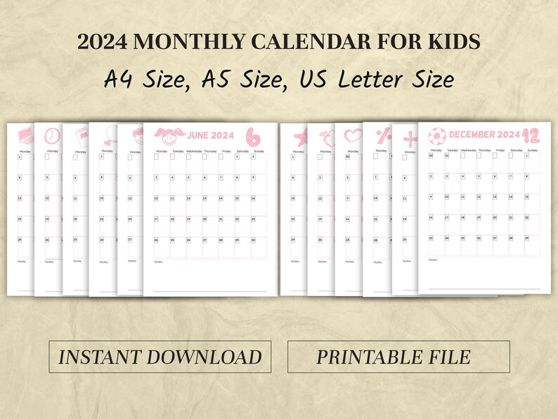 2024 Monthly Calendar for Kids 12 Month Calendar Template Minimalist ...