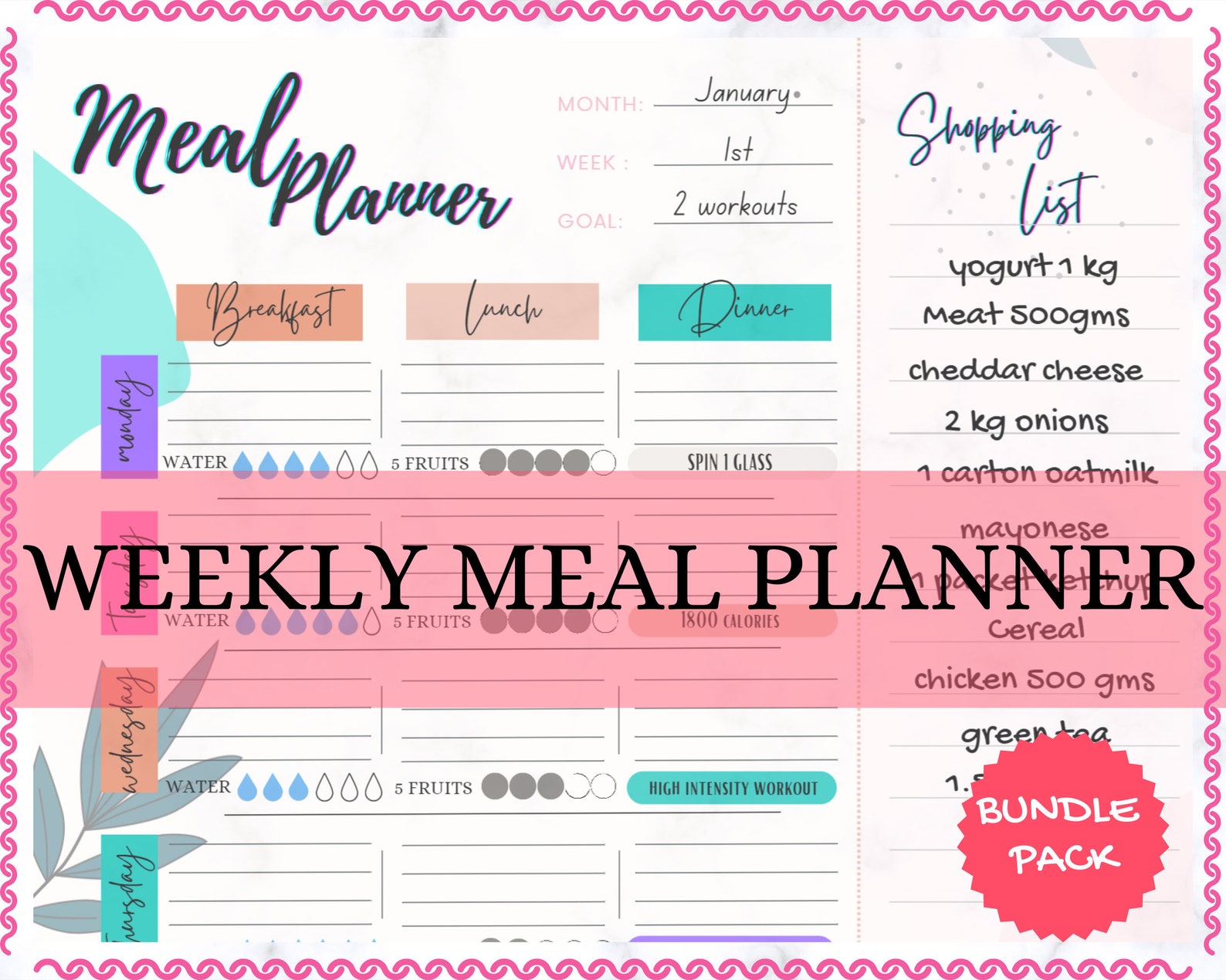 Digital Meal Tracker | Meal Planner and Grocery List | Printable ...