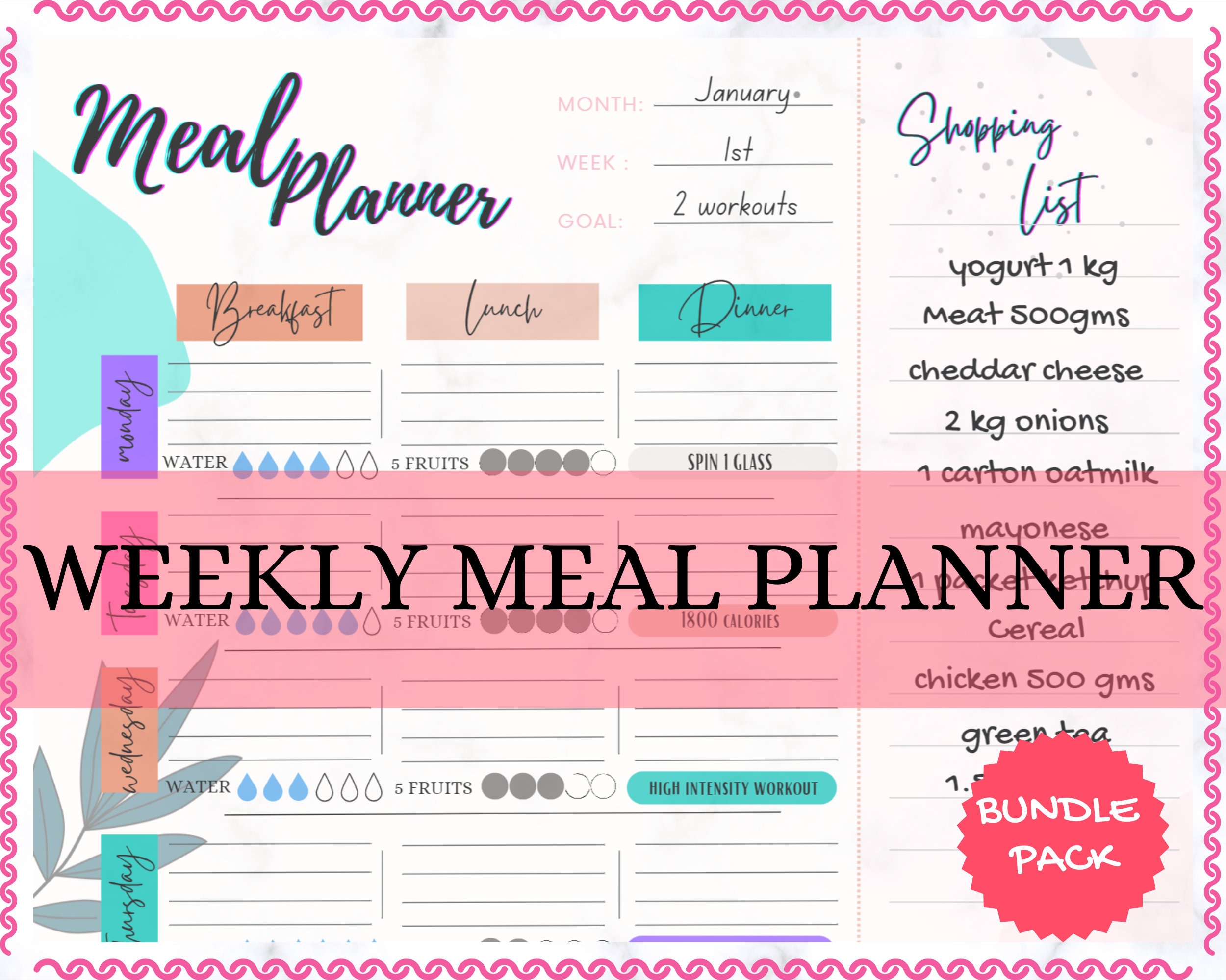 Digital Meal Tracker Meal Planner and Grocery List Printable Planner ...