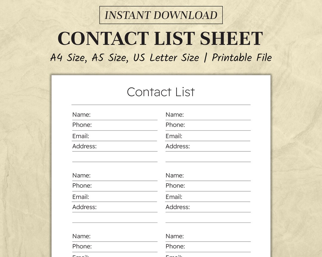 Contacts List Printable | Contact Organizer | Contact Information ...