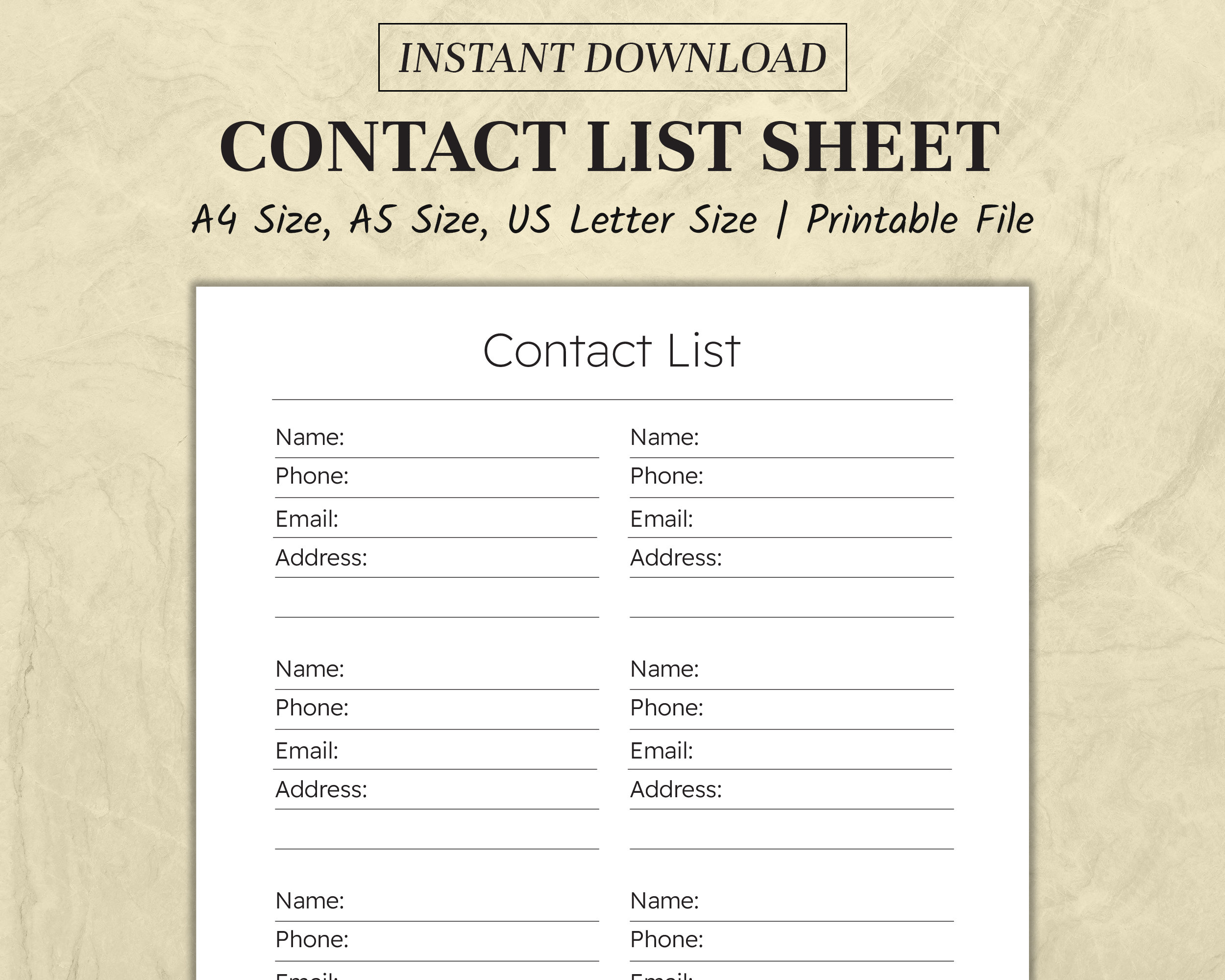 Contacts List Printable | Contact Organizer | Contact Information ...