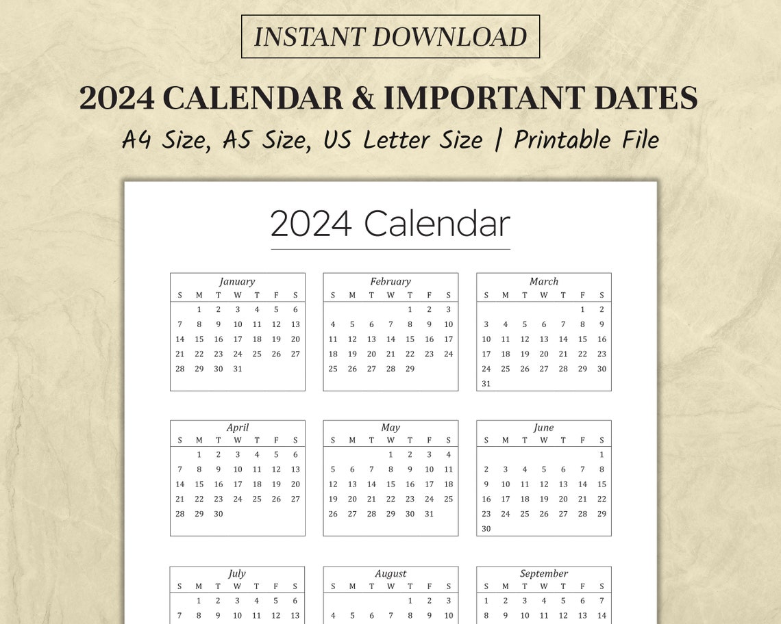 2024 Calendar Printable Calendar and Important Dates Year Calendar ...