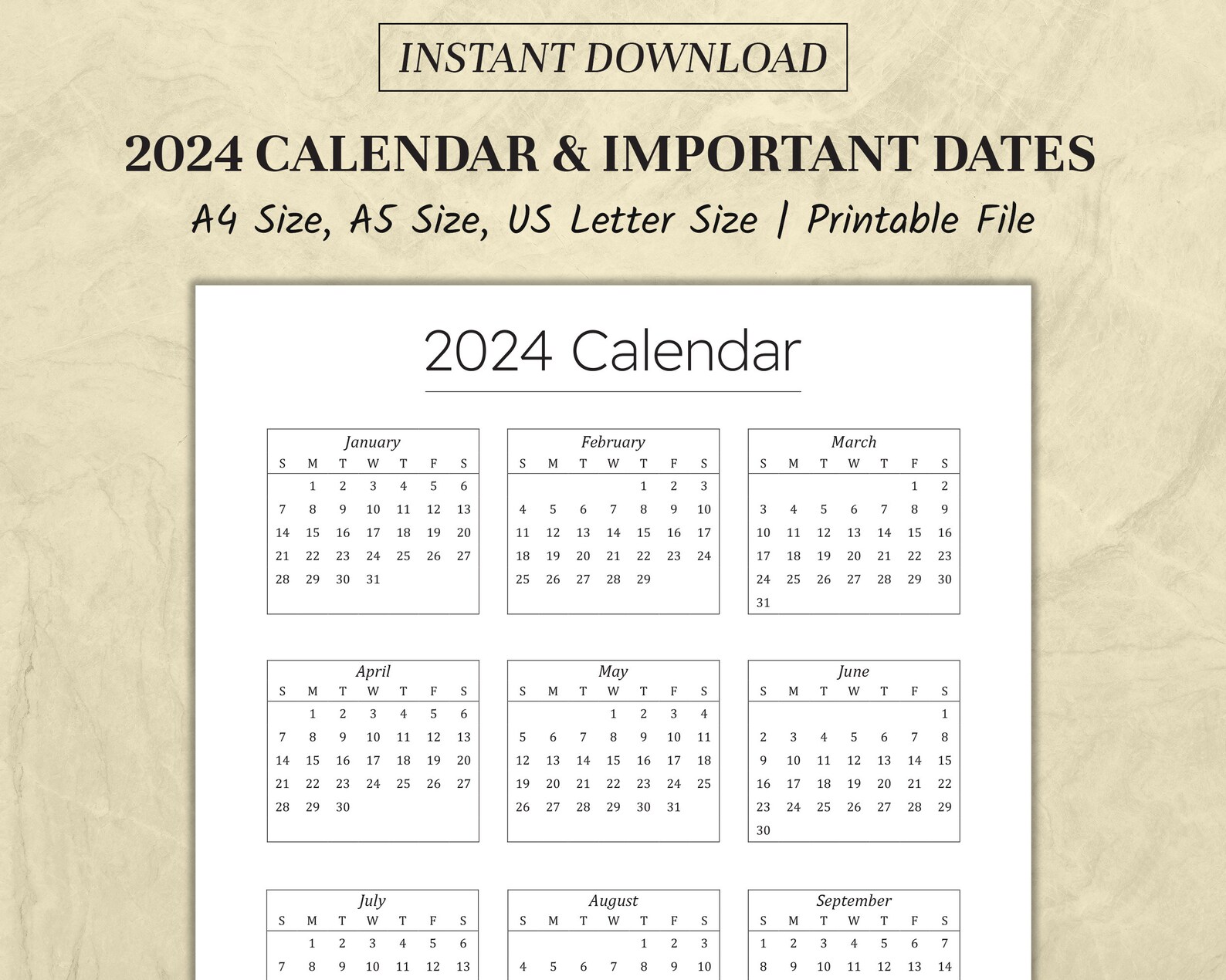 2024 Calendar Printable Calendar and Important Dates Year Calendar ...