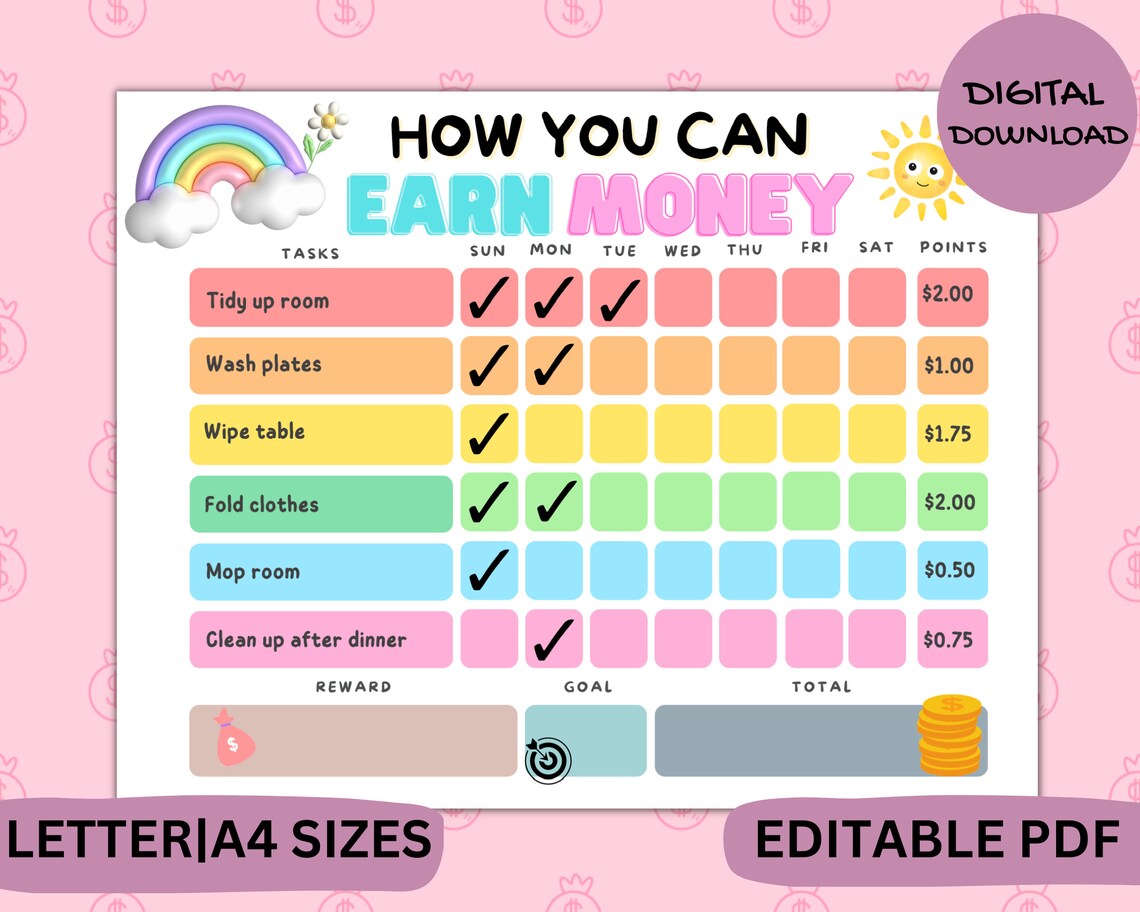 Earn Money Chore Chart Printable | Chart for Kids | Printable Chore ...