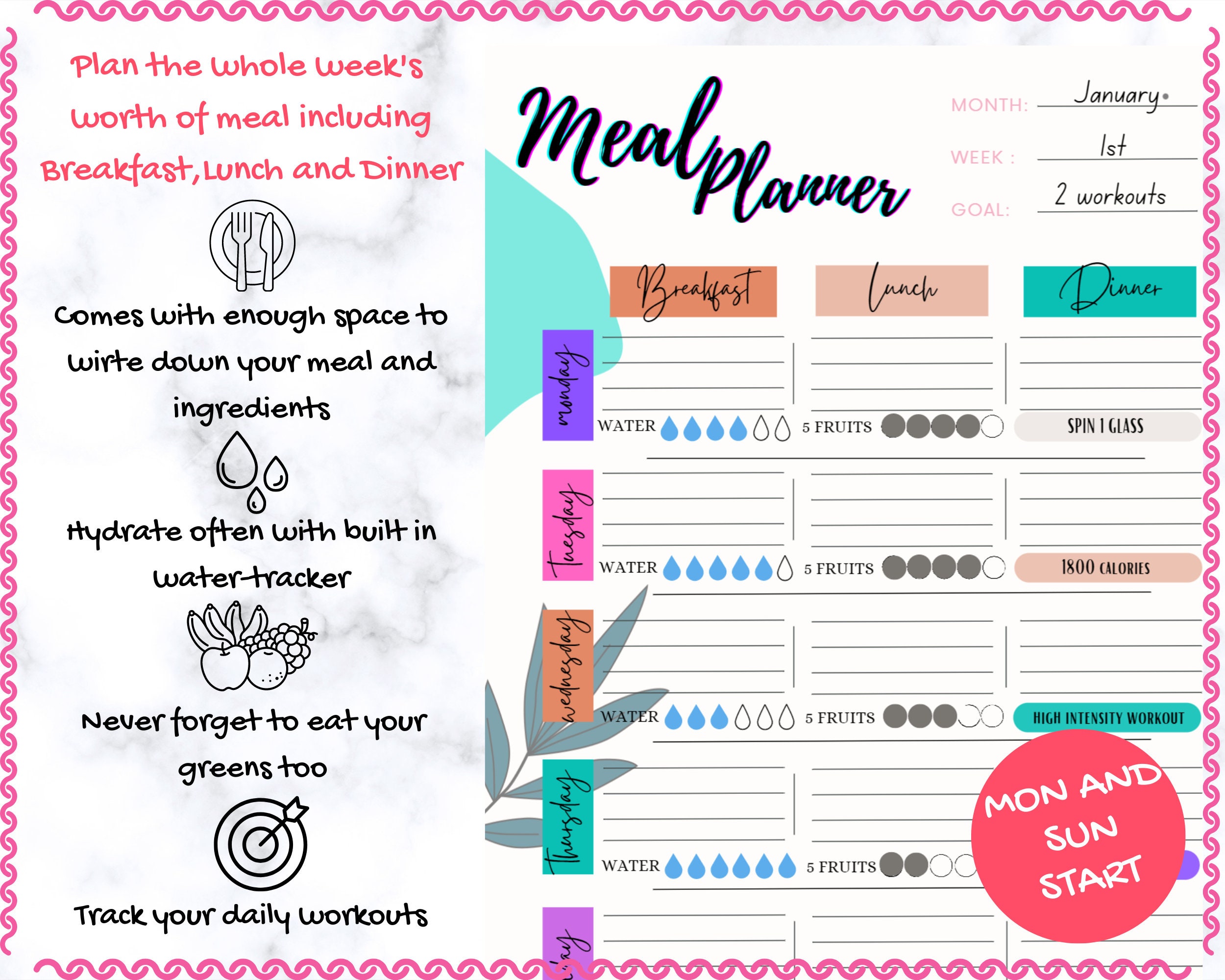 Digital Meal Tracker Meal Planner and Grocery List Printable Planner ...