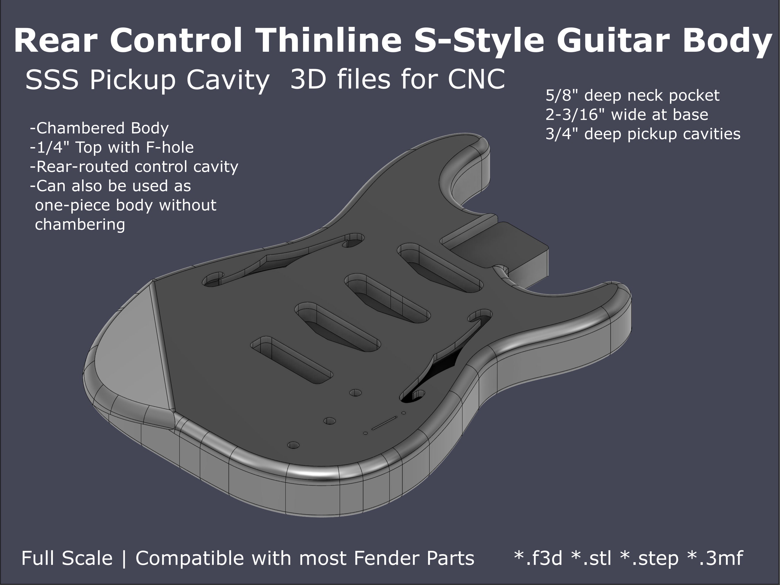 Rear Control Thinline Strat Style Electric Guitar Body CAD Files Stl ...