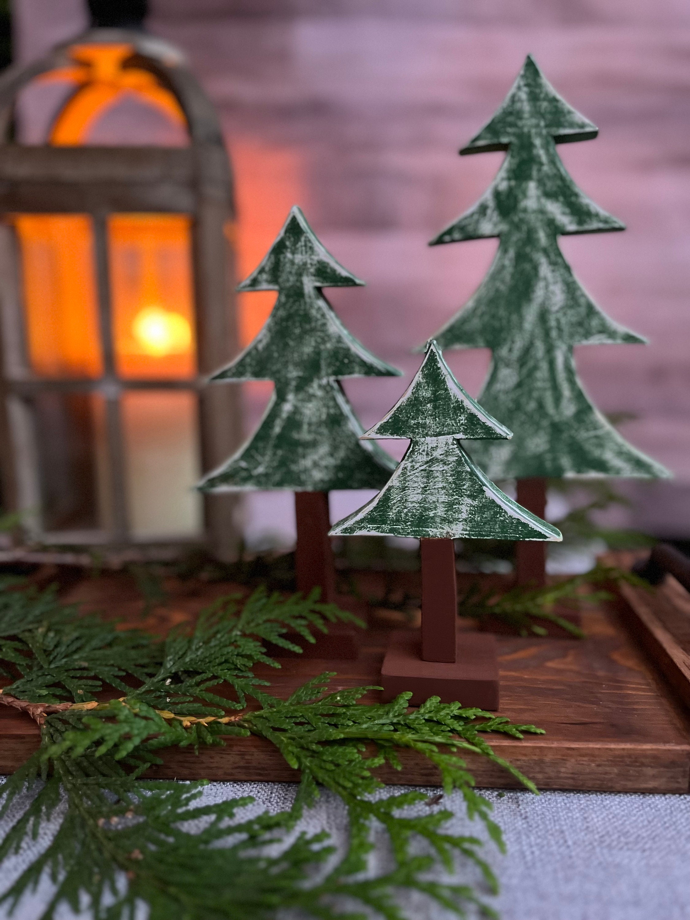 Rustic Green Wooden Tree Figurines, Unique Wooden Tree Decor ...