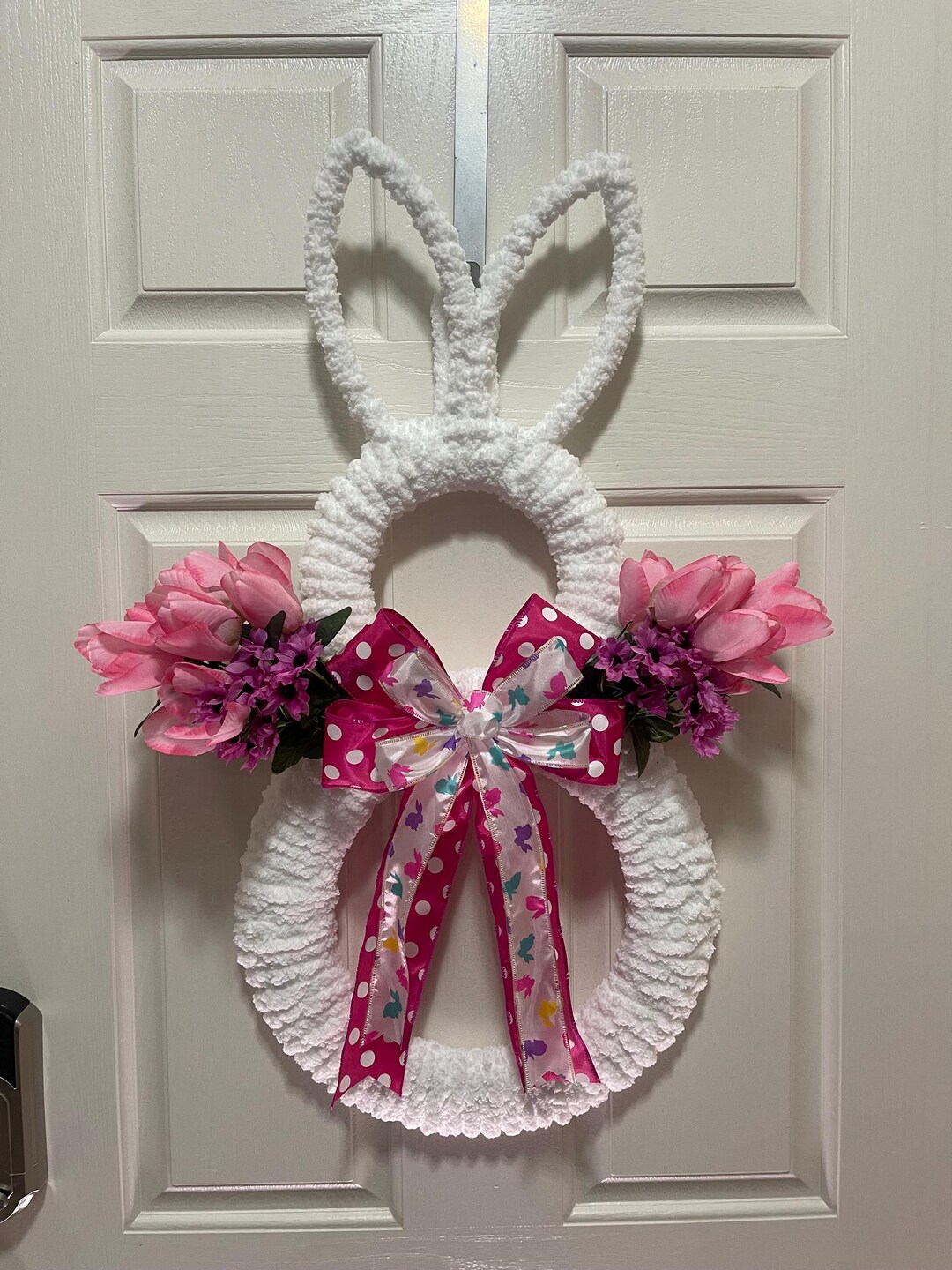 Large White Easter Bunny Door Decor Bright Pink Spring Door Decoration ...