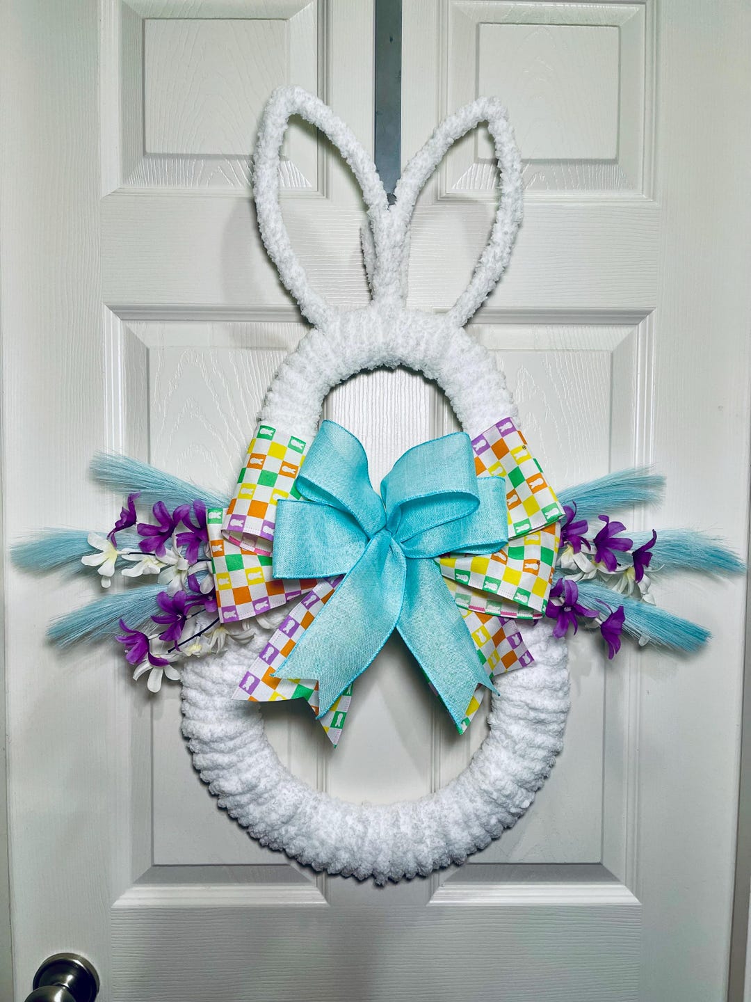 Large White Easter Bunny Door Decor Blue Bow Rabbit Door Decoration ...