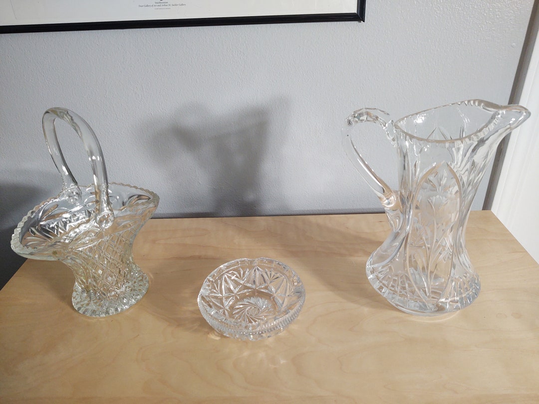 Vintage Very Heavy Cut Glass Pitcher, LE Smith Diamond and Daisy Clear ...