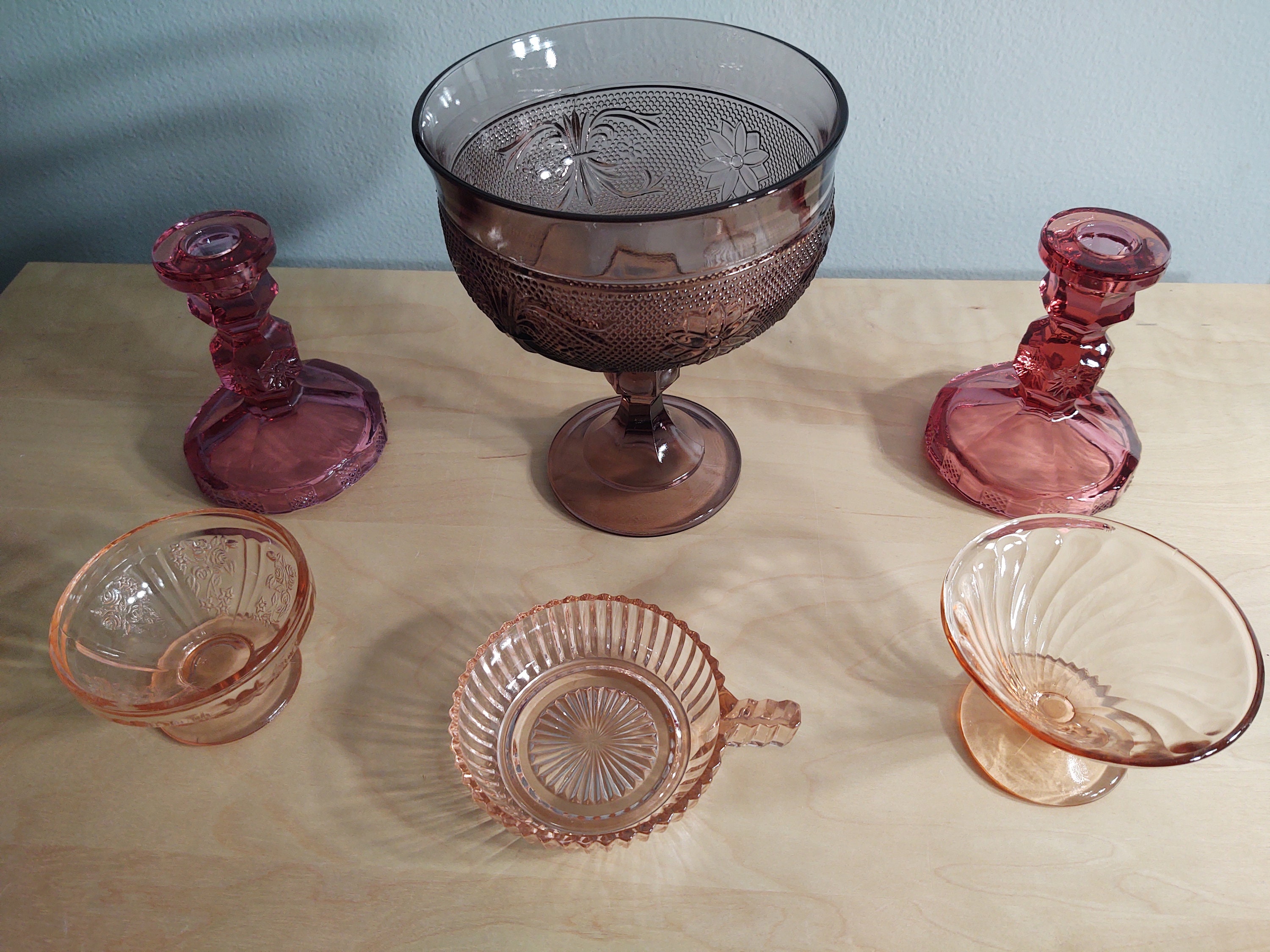 Tiara Dark Pink Candlesticks & Plum Footed Candy Dish, Pink Swirl ...