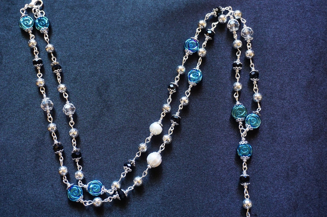Blue Rose Rosary Style Necklace - Etsy