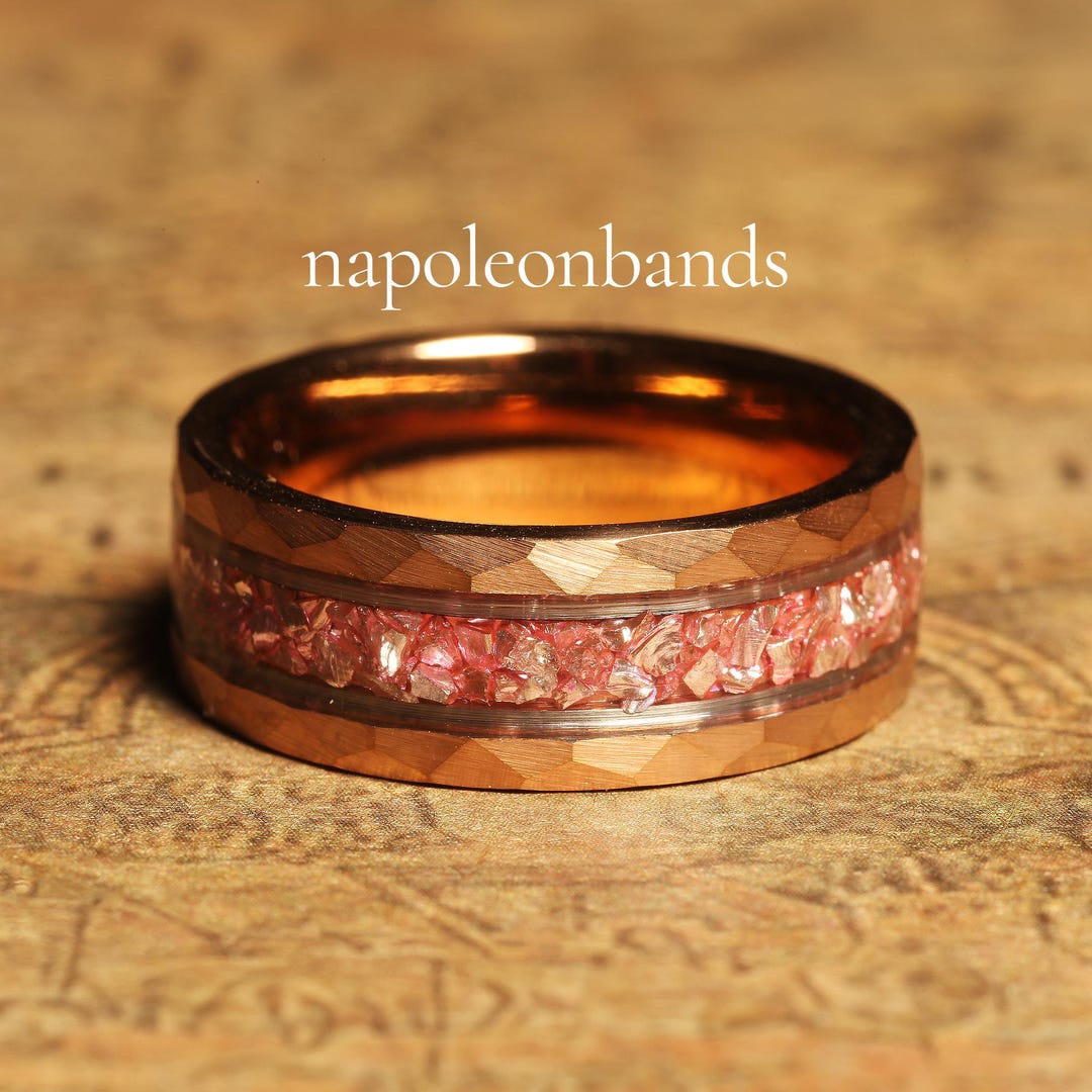 Crushed Morganite Rose Gold Wedding Band 8mm Hammered Tungsten Ring ...