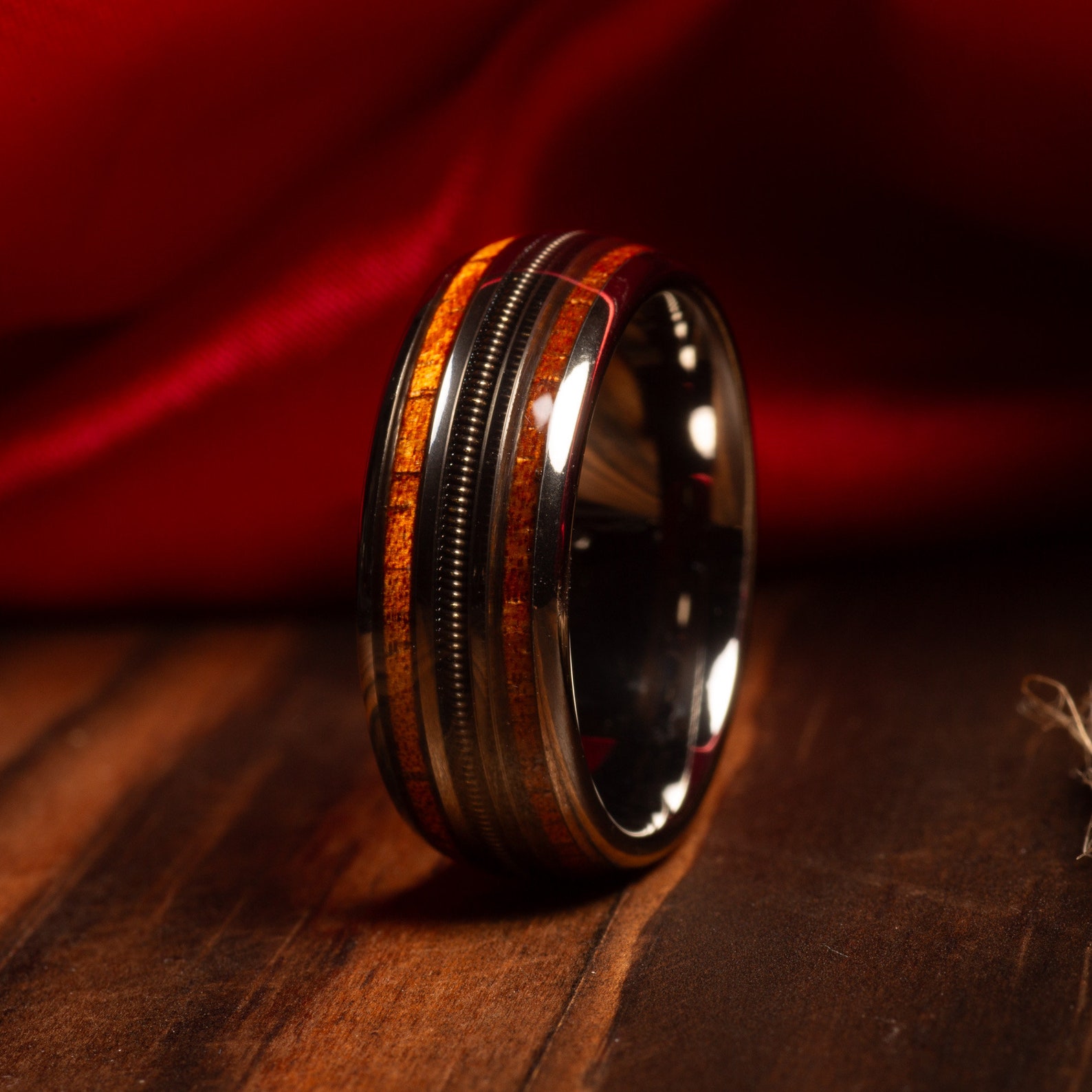Guitar String Ring, Hawaiian Koa Wood Wedding Band, Tungsten Men's ...