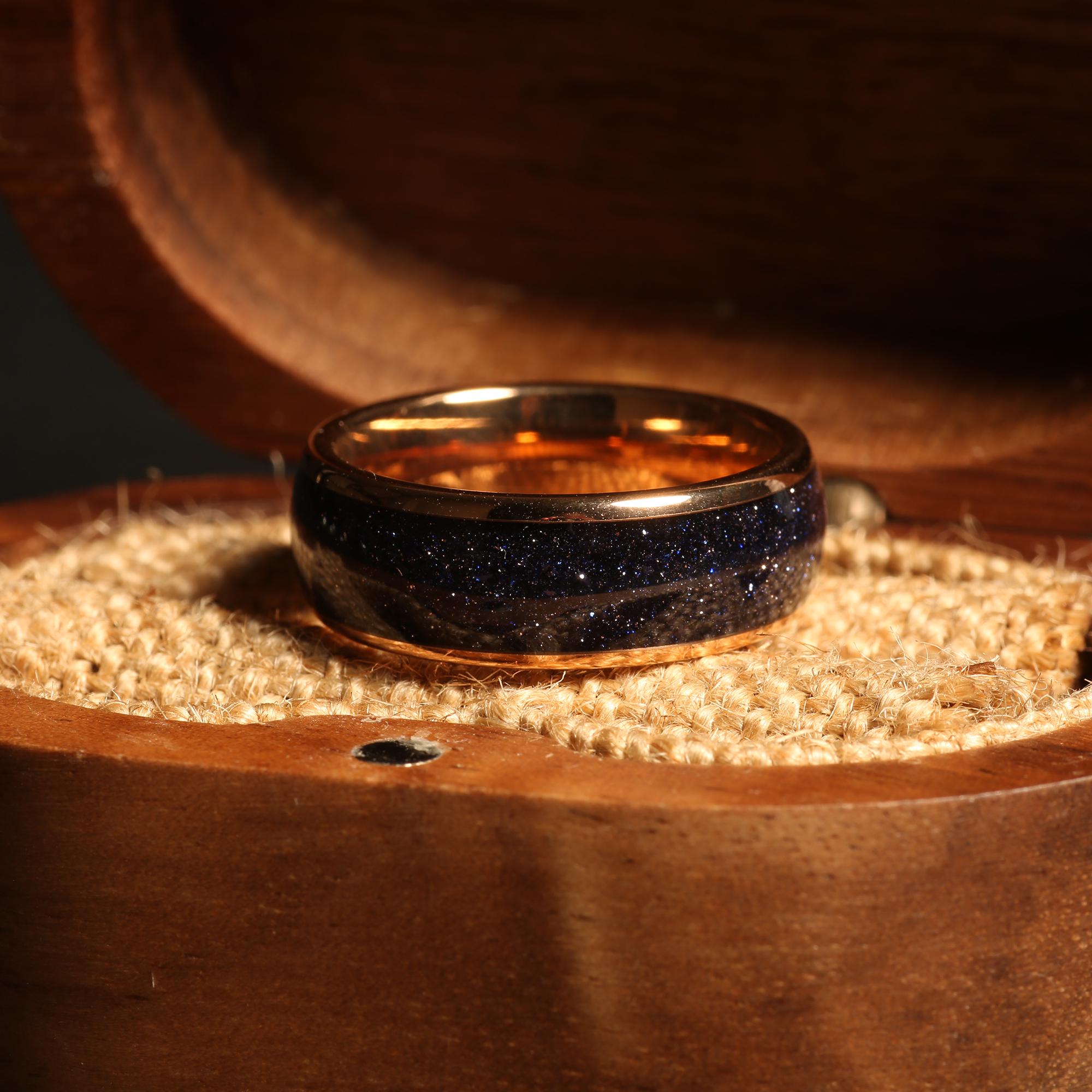 Nebula Ring Mens Wedding Band Rose Gold Tungsten Outer Space Ring Black ...
