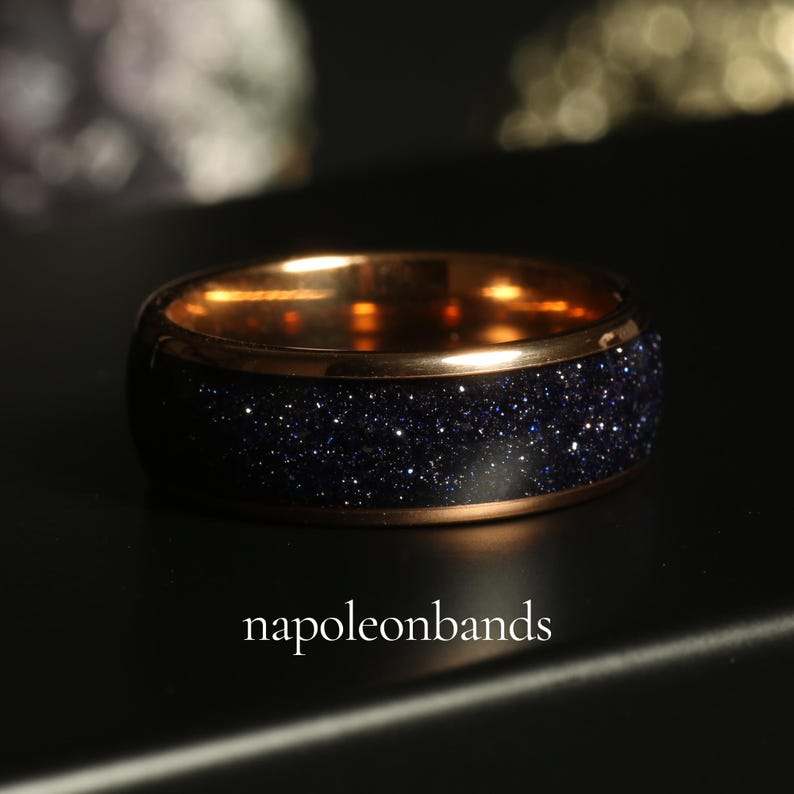Nebula Ring Mens Wedding Band Rose Gold Tungsten Outer Space Ring Black ...