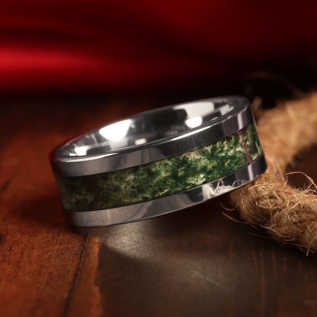 Green Moss Agate Ring, Silver Tungsten Ring, Mens Wedding Ring, Mens ...