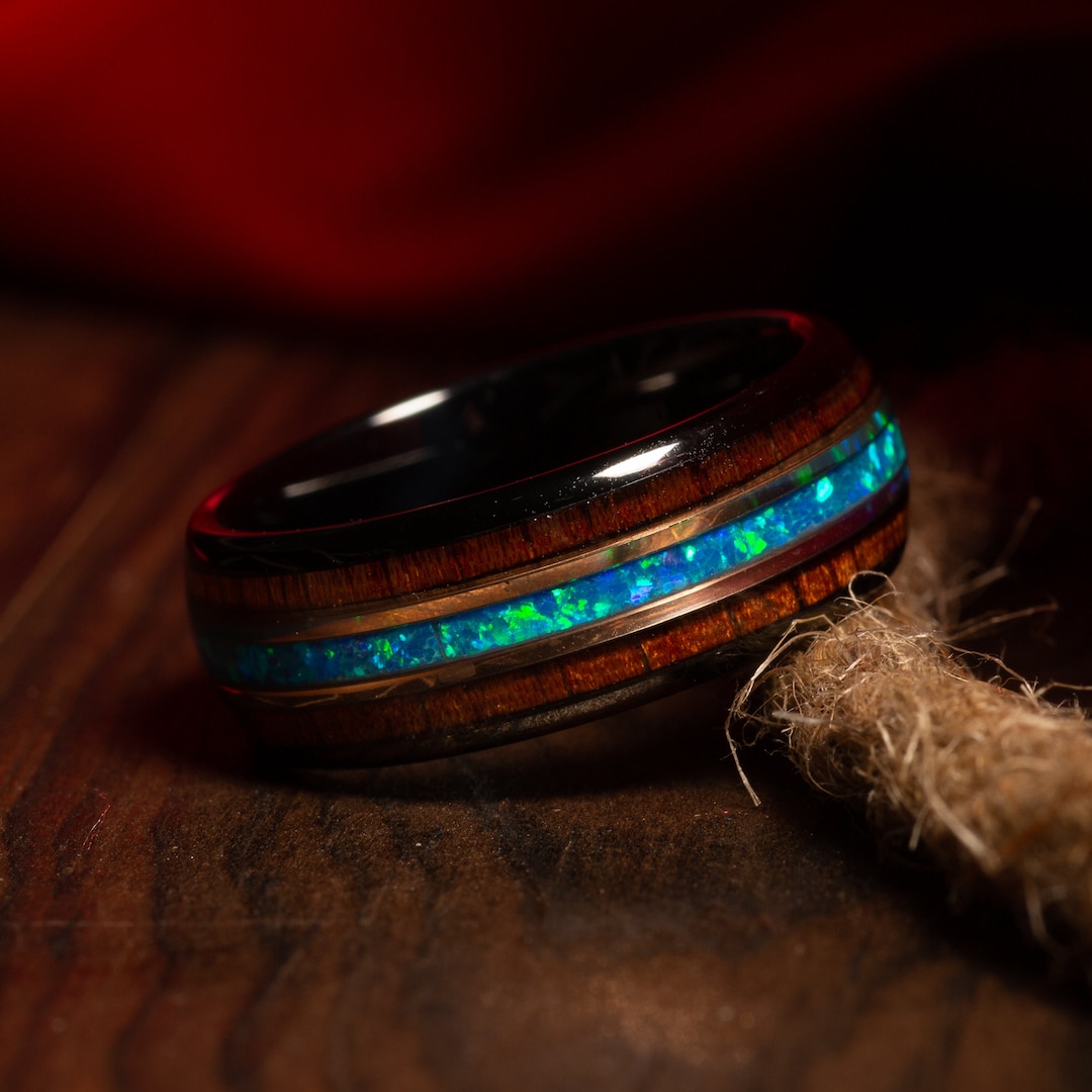 Hawaiian Blue Opal & Koa Wood Mens Wedding Tungsten Ring, Opal Wood ...