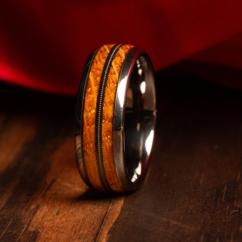 Guitar String Ring, Whiskey Barrel Wood Band, Tungsten Men Wedding Ring ...