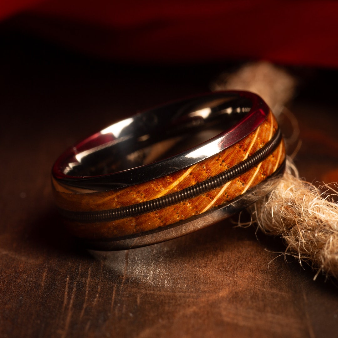 Guitar String Ring, Whiskey Barrel Wood Band, Tungsten Men Wedding Ring ...