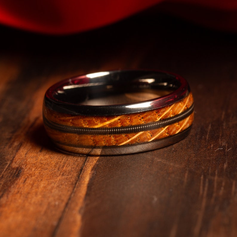 Guitar String Ring, Whiskey Barrel Wood Band, Tungsten Men Wedding Ring ...