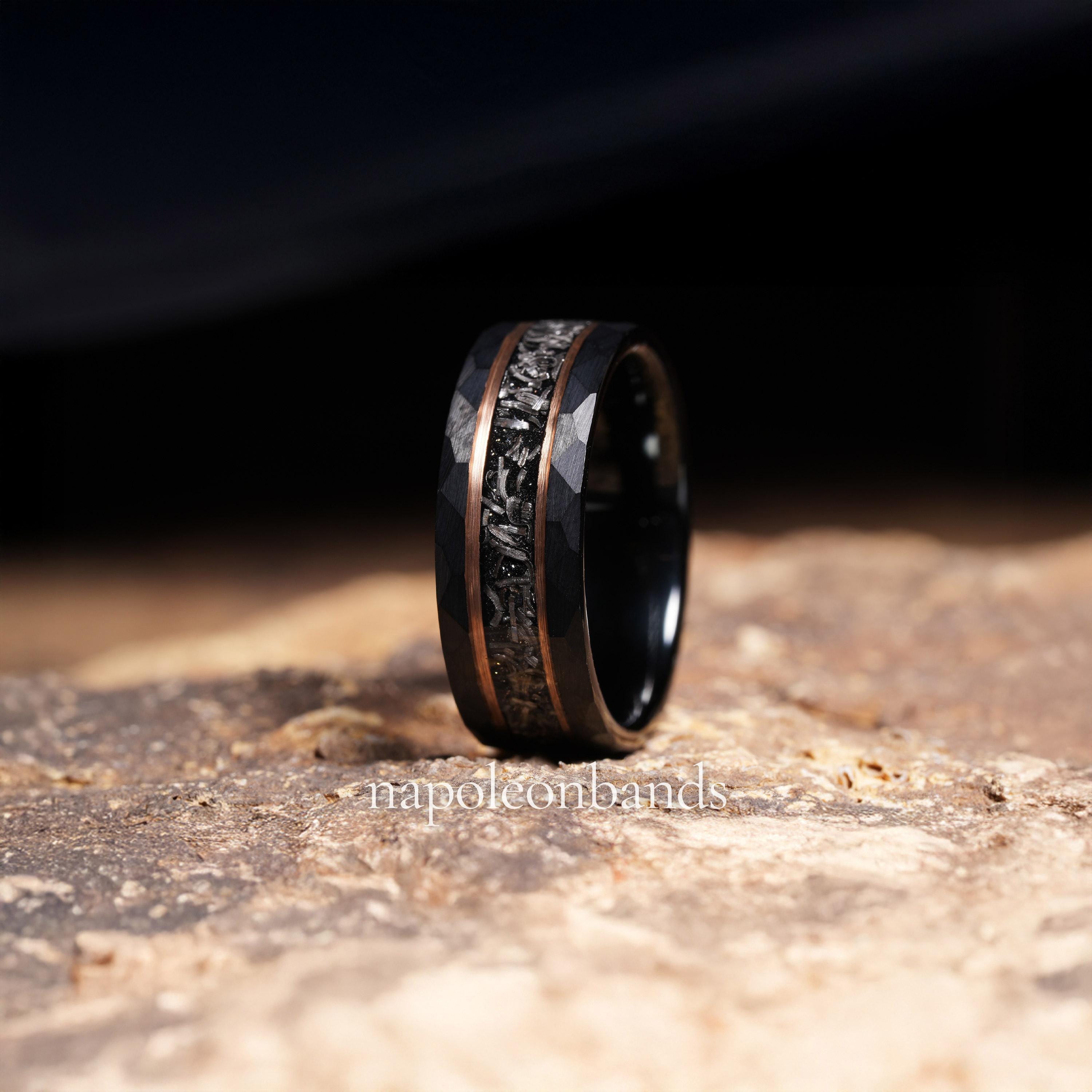 Meteorite Ring, Black Hammered Rose Gold Strip Tungsten Wedding Rings ...