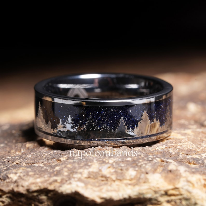 Night Sky Ring Galaxy Trees Mens Wedding Band Tungsten Carbide Crushed ...