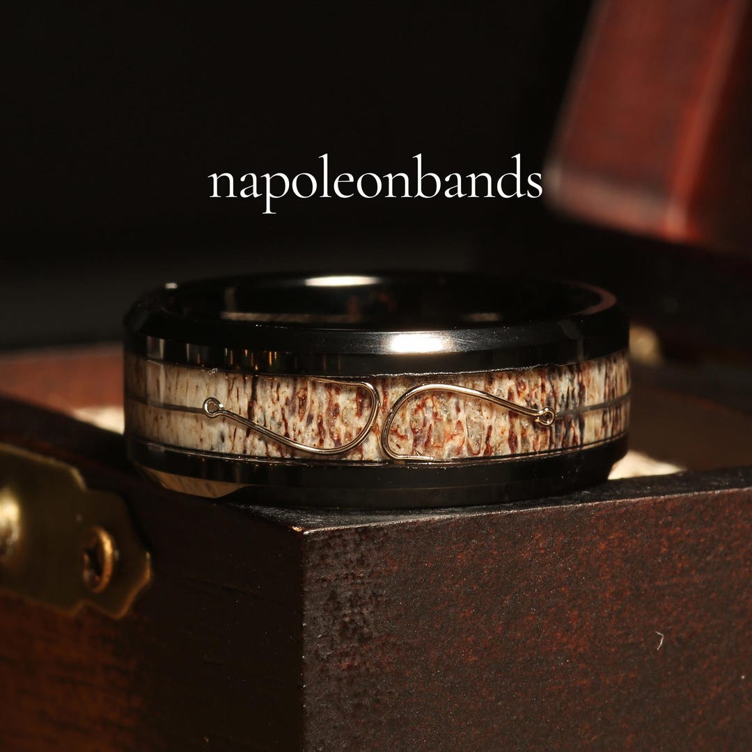 Fishing Ring, Antler Wedding Band, Fishing Hook Wedding Band, Black Antler Ring, Black Mens ...