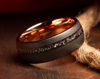 8mm Black Meteorite Sandblasted Wedding Ring, Black Obsidian ...