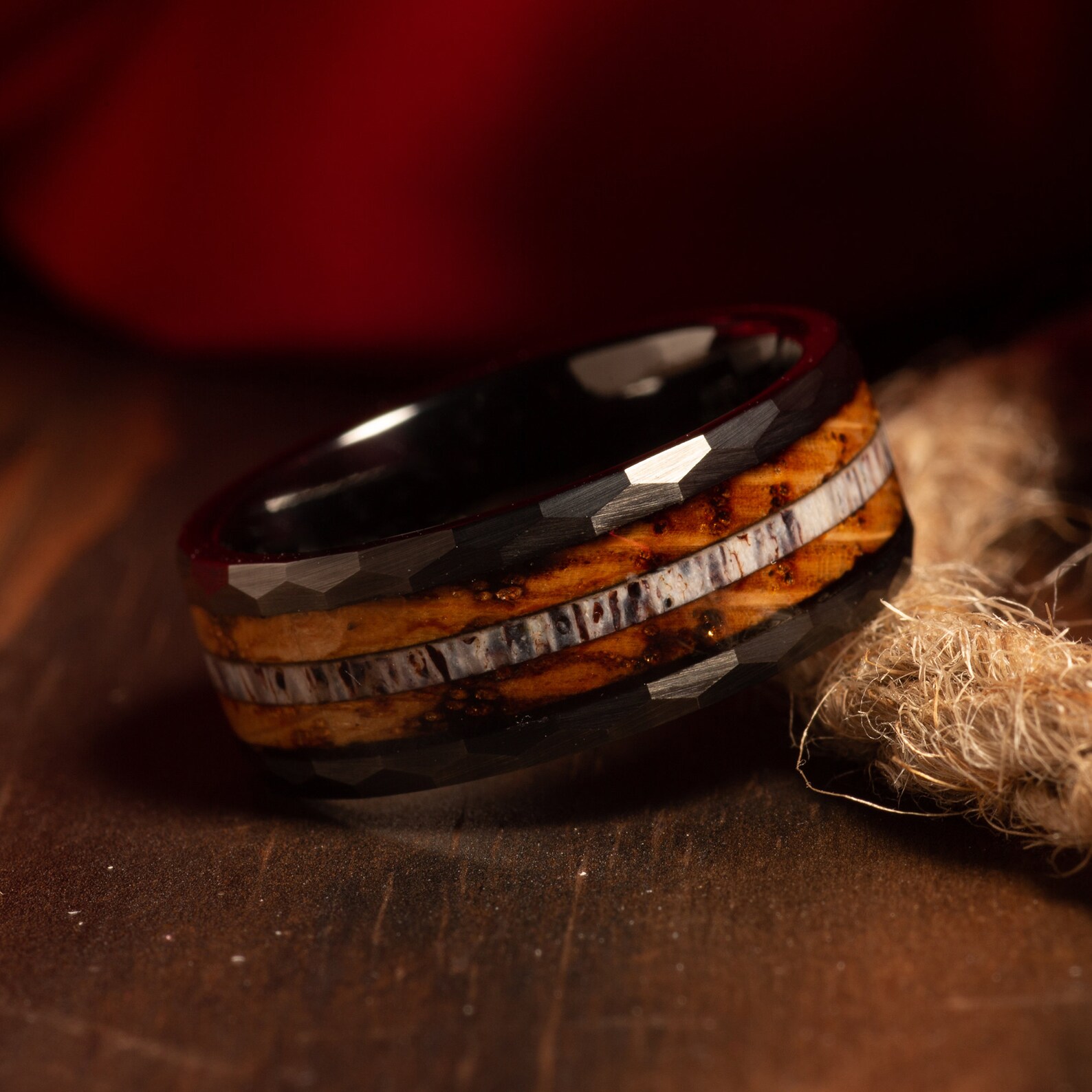 The Adventurer - Burnt Whiskey Barrel Ring and Deer Antler Wedding Ring ...