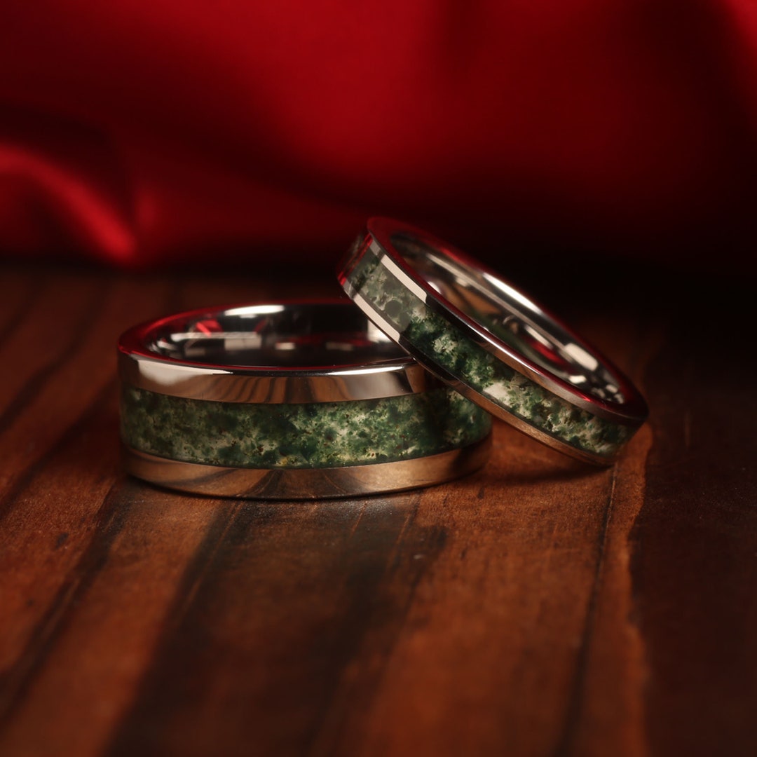 Green Moss Agate Ring Set, His and Hers Wedding Band, Silver Ring Set ...
