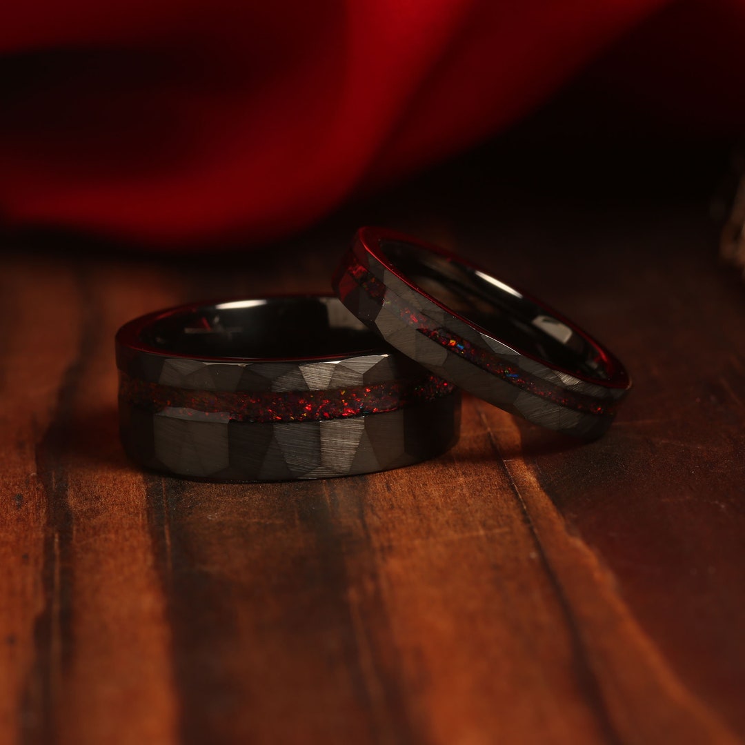 His and Hers Tungsten Wedding Band, Crushed Black Fire Opal Ring, 8mm ...