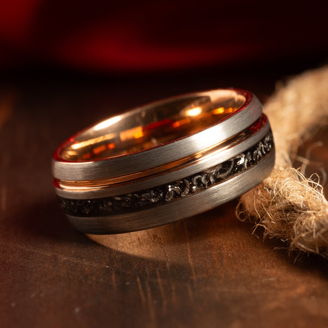 The Badass - Rose Gold Stripe Ring, Meteorite Wedding Ring, Brushed ...