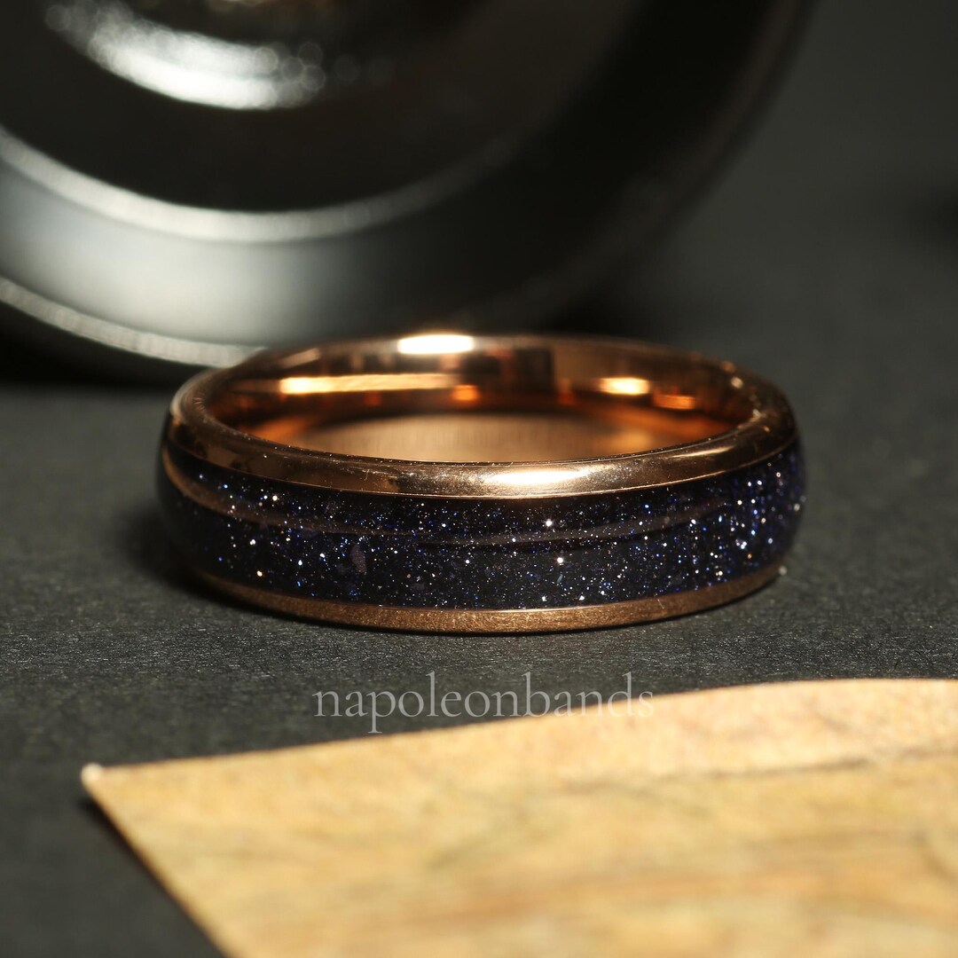 Nebula Ring Rose Gold Polished Tungsten Wedding Ring Matching Blue ...