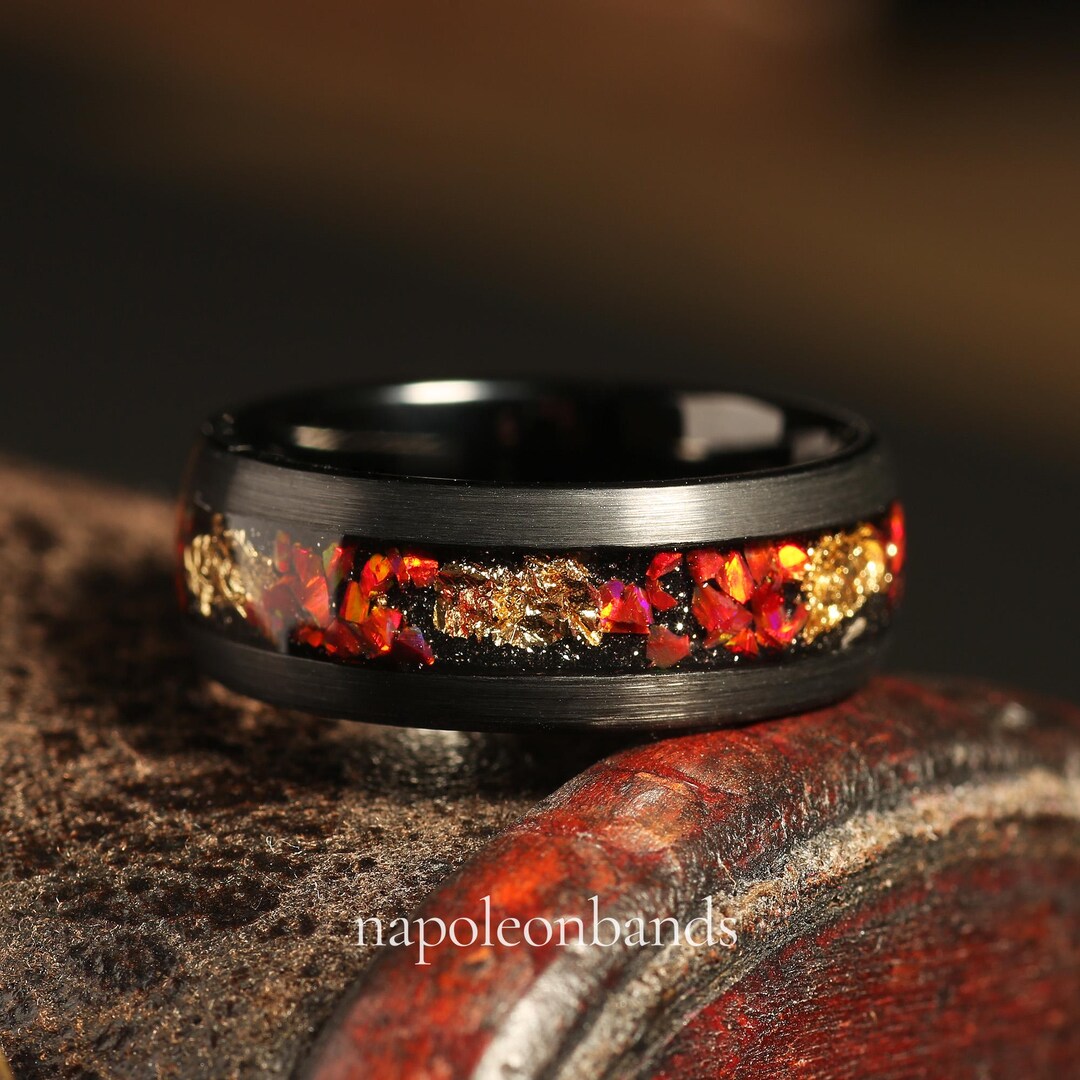 Red Nebula Ring, 8mm Black Tungsten Ring, Red Fire Opal, Men Wedding ...