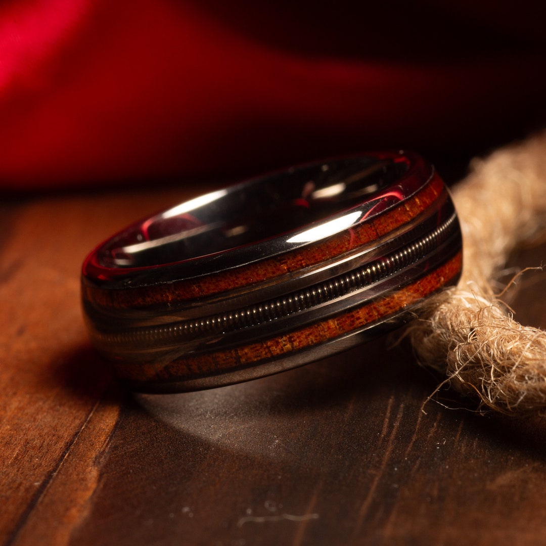 Guitar String Ring, Hawaiian Koa Wood Wedding Band, Tungsten Men's ...