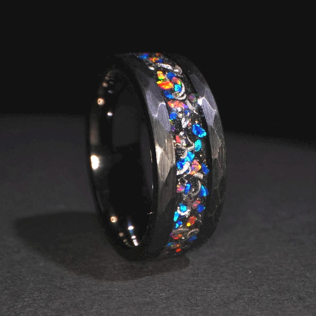 Meteorite & Galaxy Opal Hammered Black Tungsten Mens Ring, Mens Wedding ...